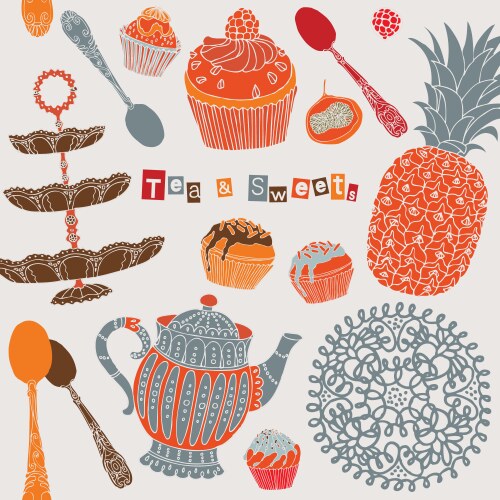 Colorful tea party set Royalty Free Vector Image