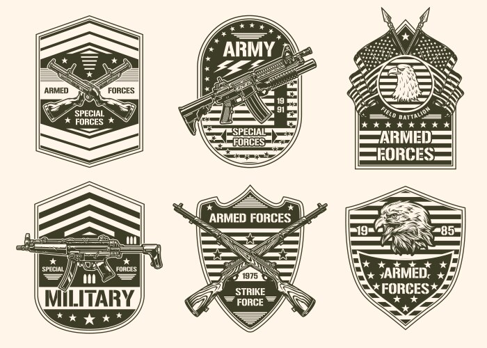 Military set monochrome sticker vintage Royalty Free Vector