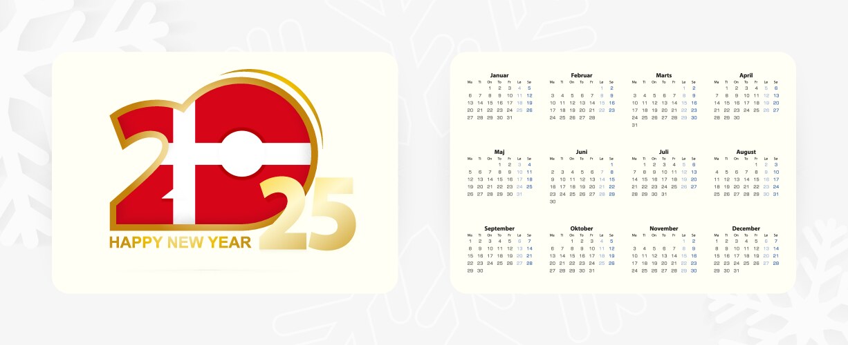 2025 calendar in danish language week starts from Vector Image