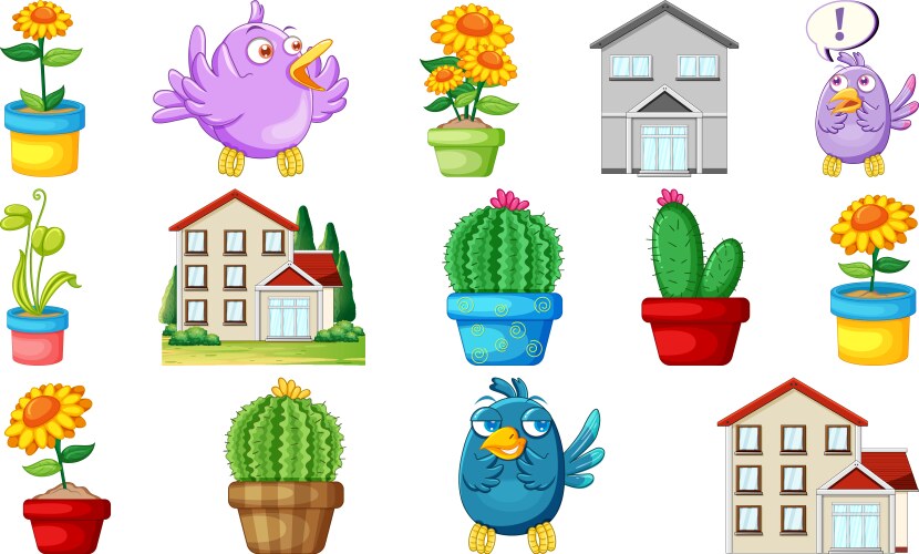 Different house designs and cute birds Royalty Free Vector