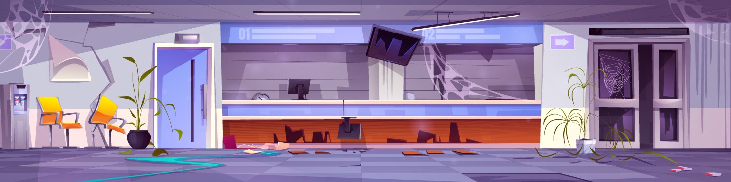 Destroyed hospital lobby interior Royalty Free Vector Image