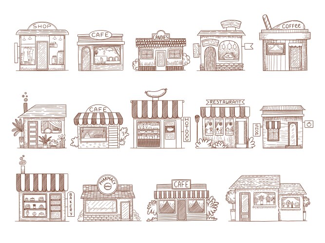 House and business buildings linear Royalty Free Vector