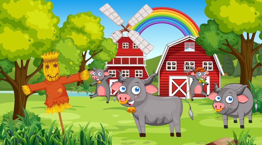 Outdoor cow farm scene with happy animals cartoon Vector Image
