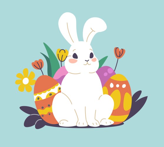 Cartoon rabbit and baby chick inside an easter egg