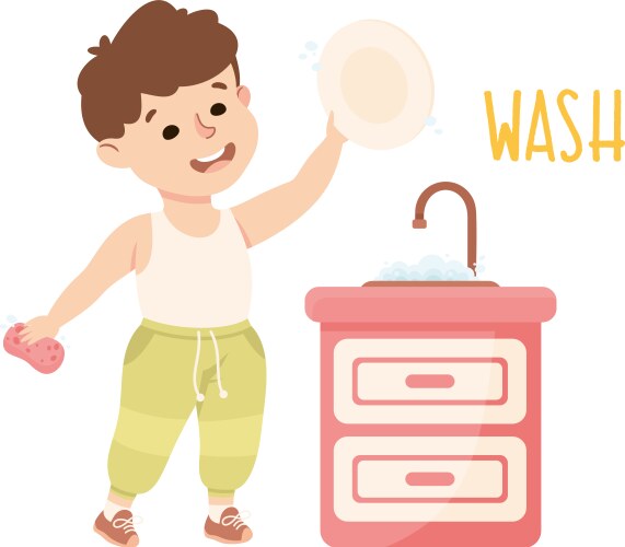 Cute boy dish washing Royalty Free Vector Image