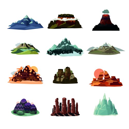 Mountain landscape isolated icon set Royalty Free Vector