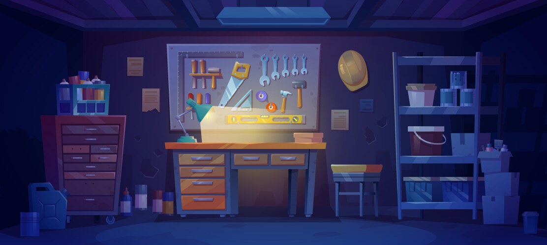 Workshop room interior in garage tool storage Vector Image