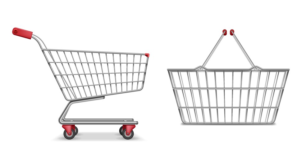 Empty metallic supermarket shopping cart side view