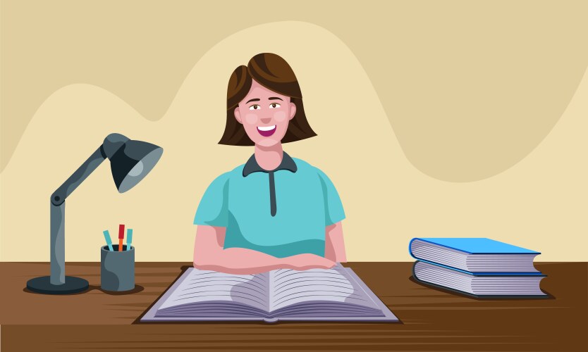 Happy girl studying and talking Royalty Free Vector Image