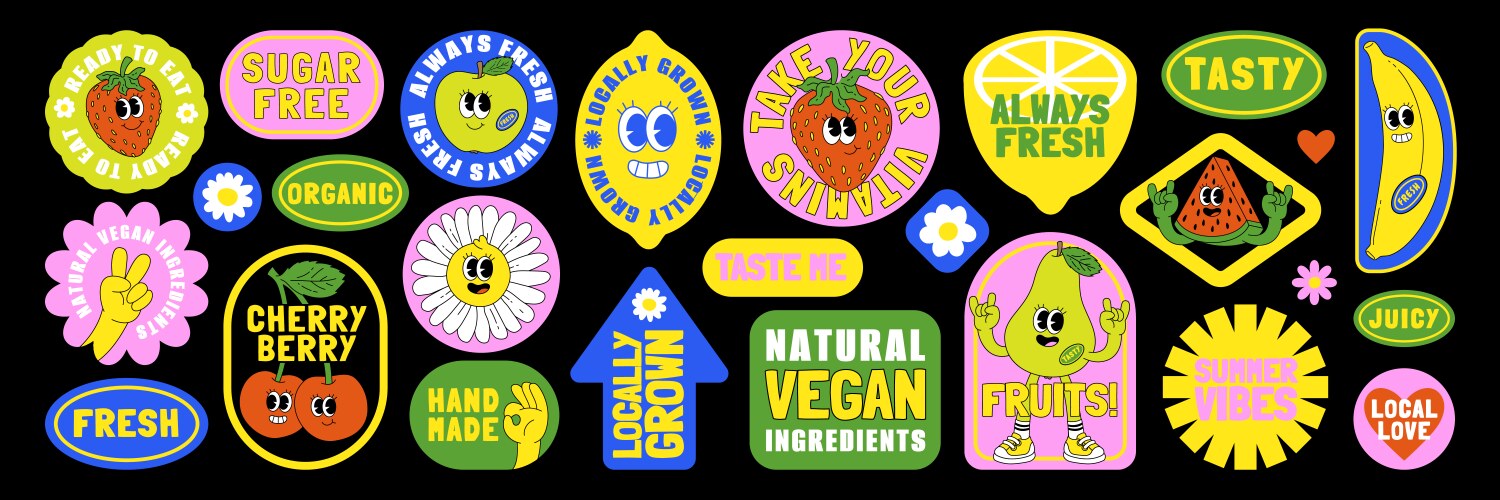 Funky groovy stickers cartoon 70s retro Royalty Free Vector