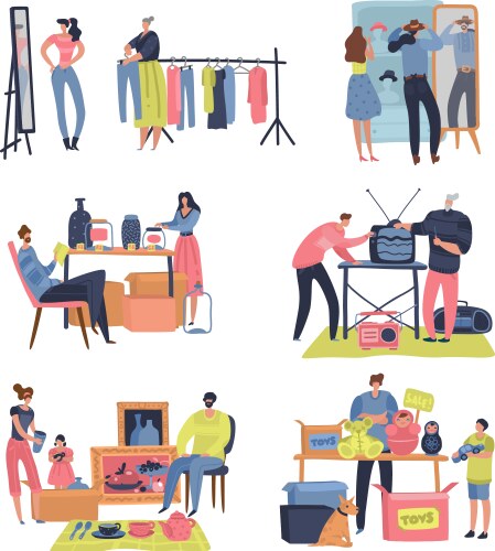 Second hand shop or flea market scene cartoon flat