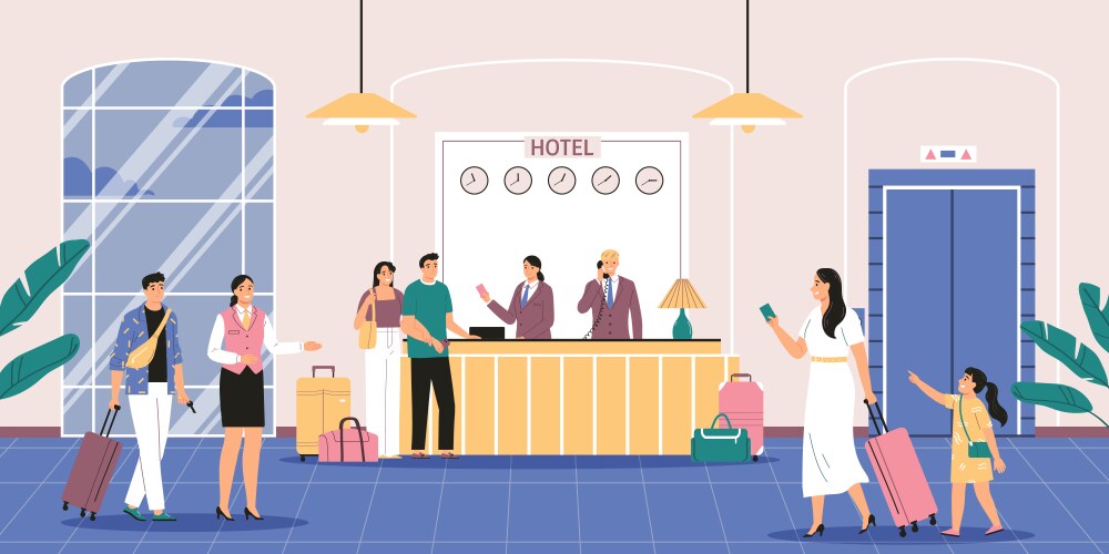 Hotel lobby with reception hostel hall interior Vector Image