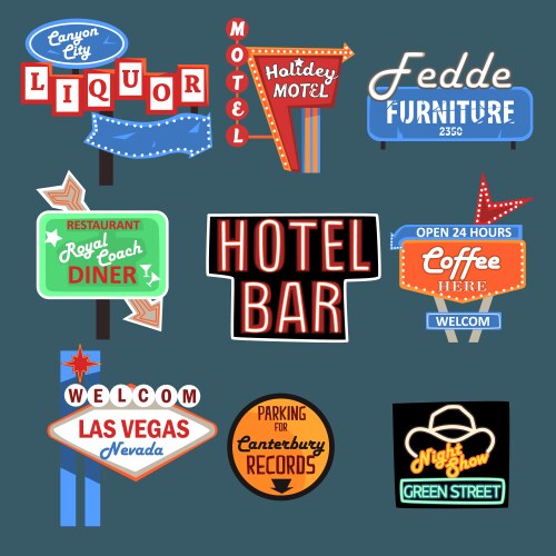 Retro roadside neon signs 1 Royalty Free Vector Image