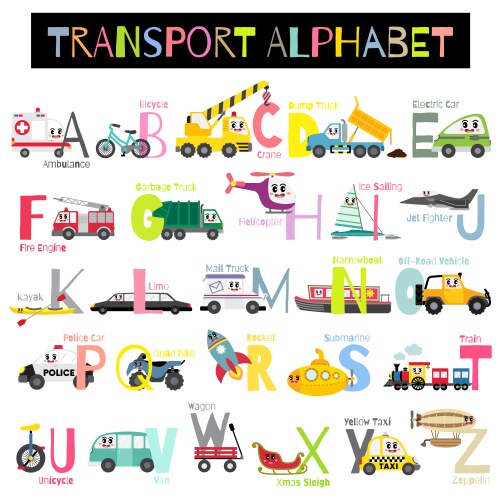English alphabet car transport abc print cartoon Vector Image