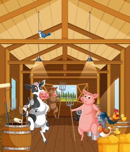 Barn indoor scene with farm animals Royalty Free Vector