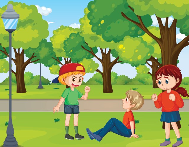 Happy school children in front of building Vector Image