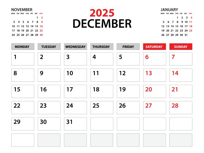 December 2025 year planner template calendar Vector Image