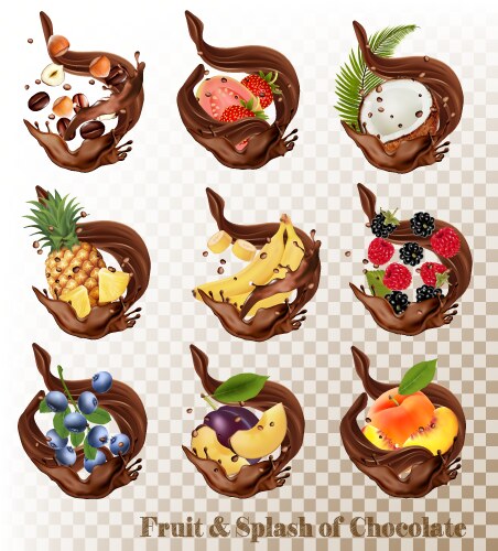 Big collection icons of fruit in a milk splash Vector Image