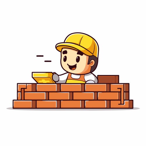 Cartoon construction worker building brick wall Vector Image