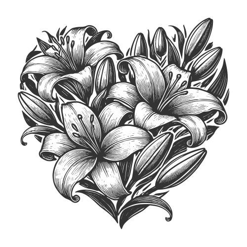 Heart-shaped lily flowers line art Royalty Free Vector Image