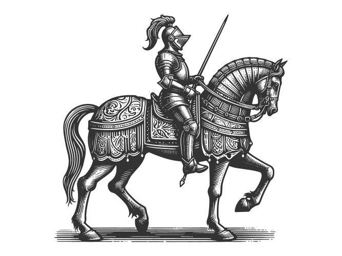 Medieval knight on horseback engraving Royalty Free Vector