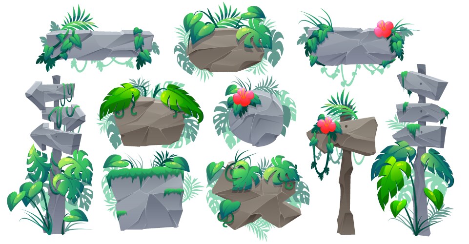 Cartoon forest jungle liana rock and stone panel Vector Image