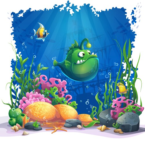 Undersea world with funny green fish Royalty Free Vector