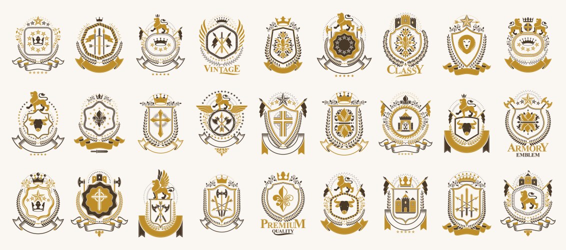 Vintage heraldic emblems big set antique heraldry Vector Image
