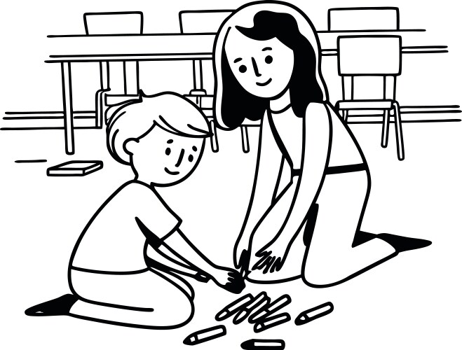 Child helping classmate pick up crayons Royalty Free Vector