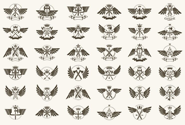Weapon emblems big set heraldic design Royalty Free Vector