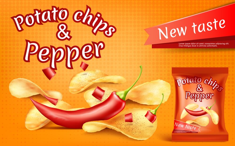 Chips ads hot chili pepper falling into fire Vector Image