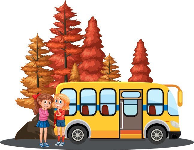 Two girls talking near a school bus Royalty Free Vector