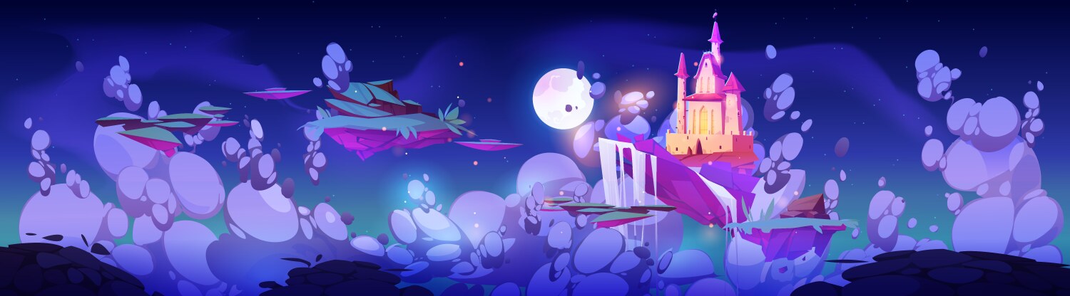 Pink magic house on floating island in blue sky Vector Image