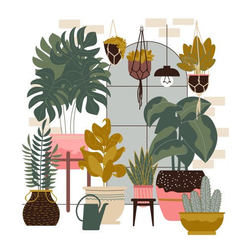 Watercolor aesthetic room decor and indoor plants Vector Image