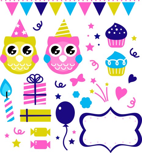 Birthday party owls set Royalty Free Vector Image