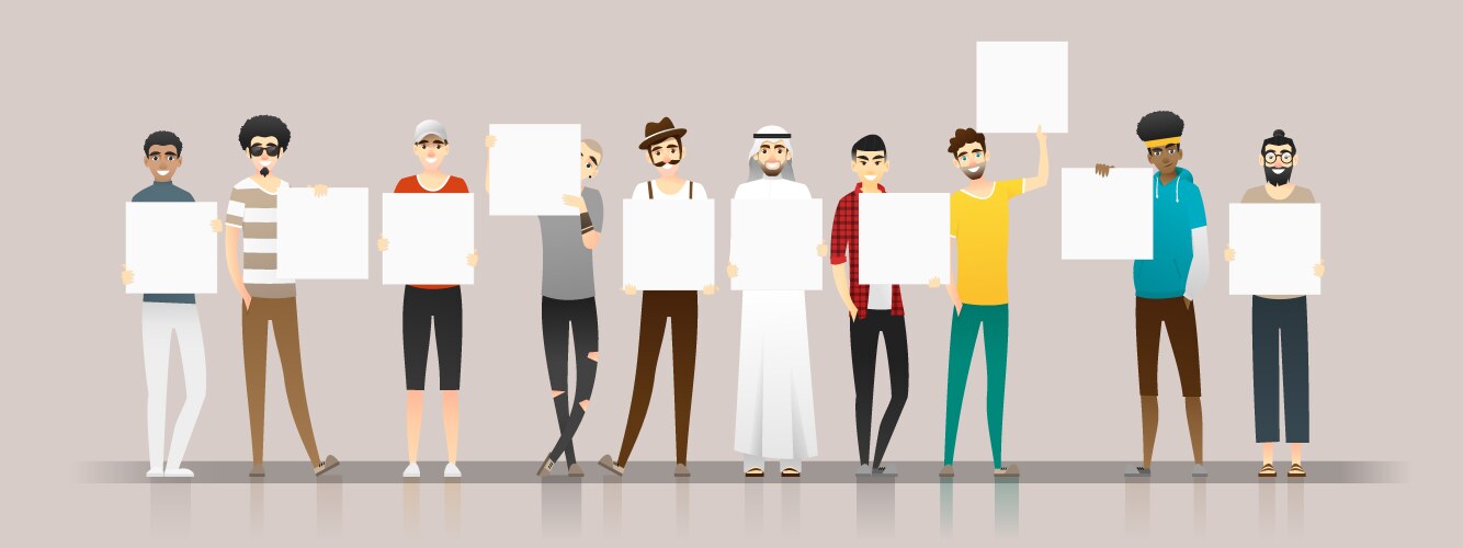 Group multi ethnic men holding empty board Vector Image