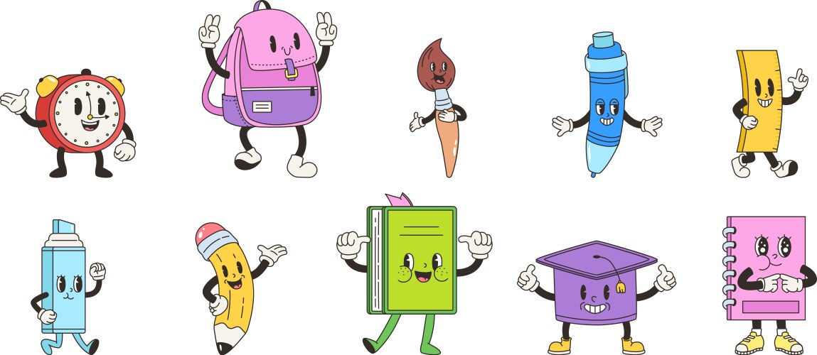 Retro groovy school stationery characters Vector Image