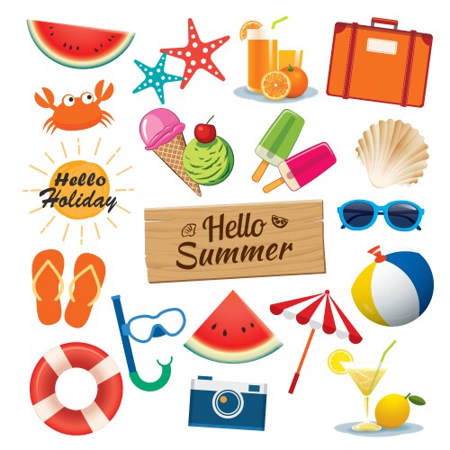 Cartoon color summer holiday activity icons set Vector Image