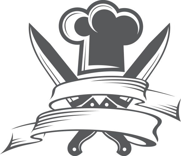 Chef head and crossed knives cooking emblem Vector Image