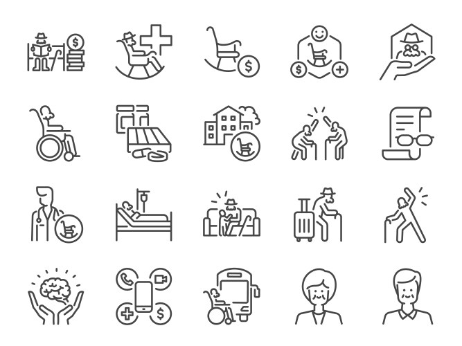 Aging society line icon set Royalty Free Vector Image