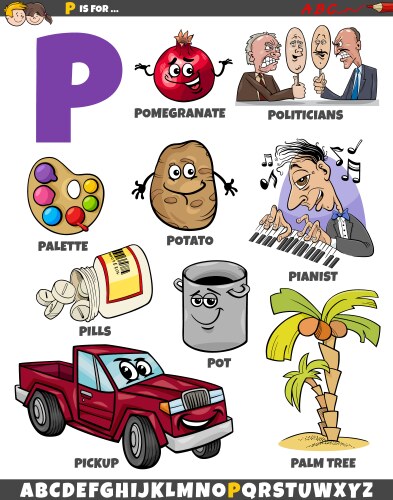 Letter p set with cartoon objects and characters Vector Image