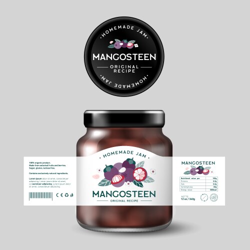 Jam mango label and packaging jar with cap Vector Image