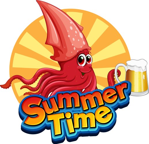 Summer time word with squid cartoon Royalty Free Vector