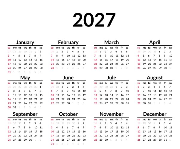 2024 2025 to 2030 calendar set week starts Vector Image