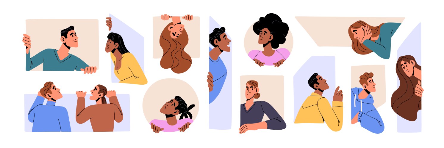 Curious suspicious people peeking looking out Vector Image