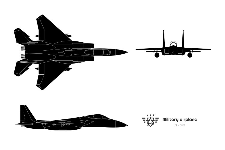 Outline military airplane blueprint top side Vector Image