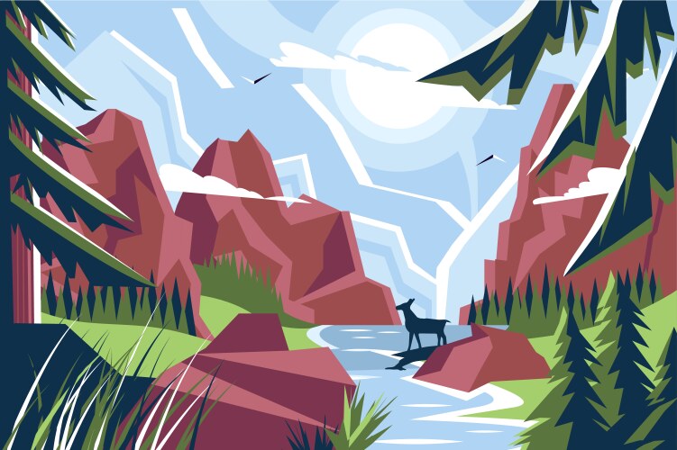 Woodcut mountain lake scene Royalty Free Vector Image