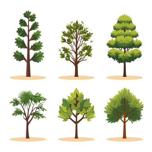Six different types cartoon trees against isolated