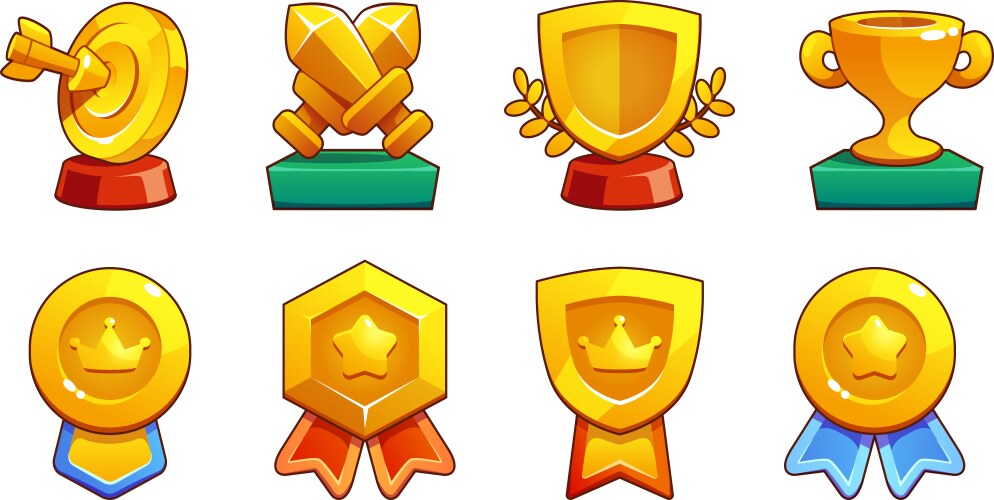Game ranking badges with shields and swords Vector Image