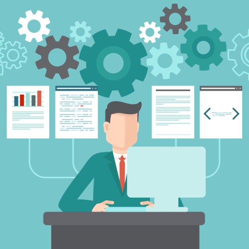 A Programmer Deftly Examines Code For Bugs Vector Image